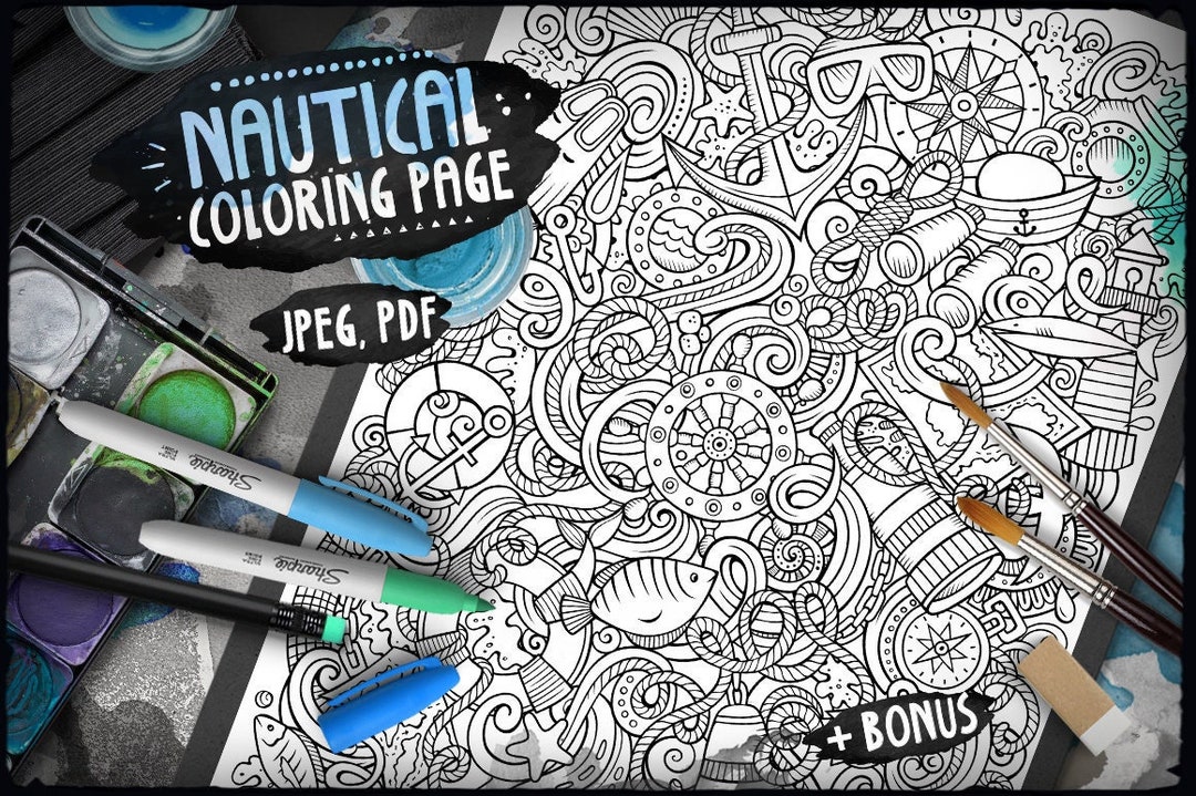 NAUTICAL Digital Coloring Page, Marine Doodle Adult Coloring Book ...
