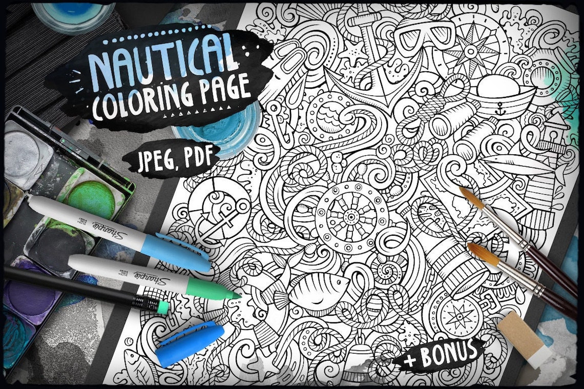 NAUTICAL Digital Coloring Page, Marine Doodle Adult Coloring Book ...