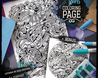 SPORTS Digital Coloring Page, Sport Doodle Adult Coloring Book ...