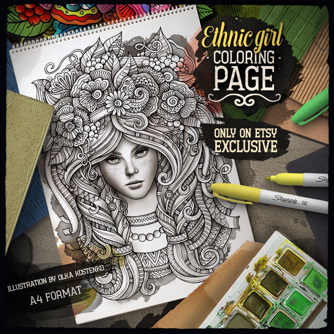 Ukrainian Girl COLORING PAGE, Ethnic Girl Portrait, Ukraine Art, Women ...