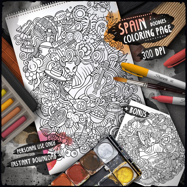 SPAIN Digital Coloring Page, Spanish Travel Doodle Adult Coloring Book ...