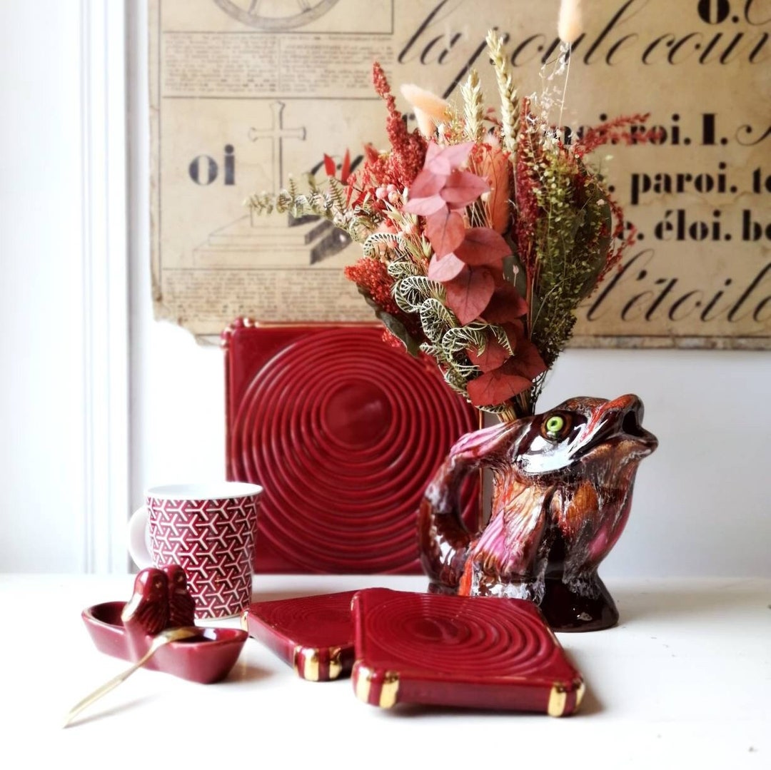 Trivet, Bottle Coaster, Salt and Pepper Shakers in Burgundy Ceramic ...