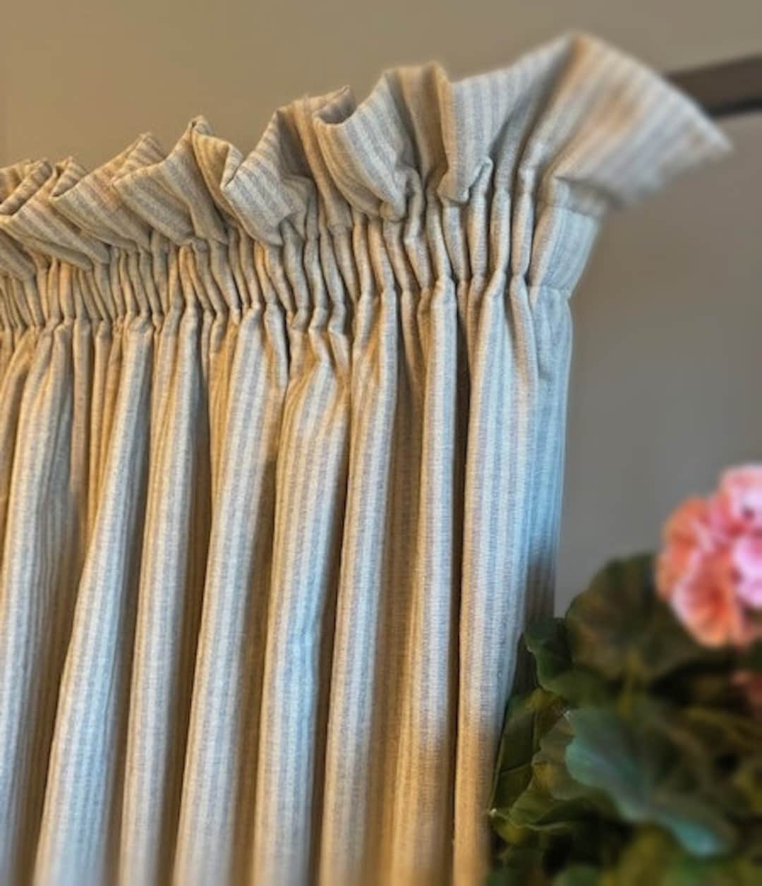 French Blue Pinstripe Curtains, Ruffle Top, Cottage Pleat, Linen ...