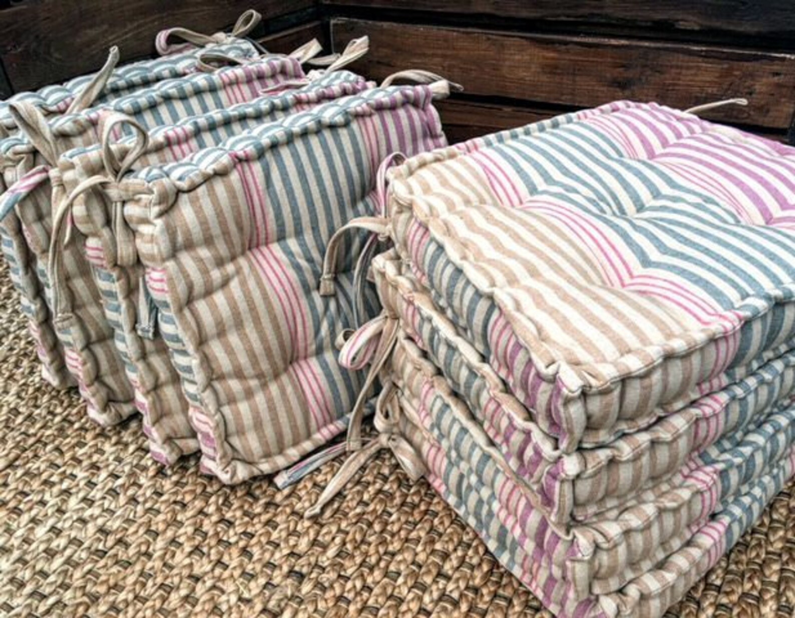 Set of Striped Seat Pads With Ties Box Cushions Handmade | Etsy