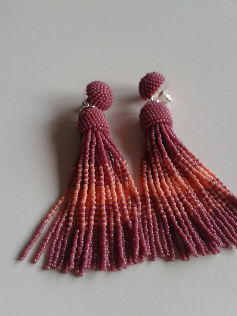 Beaded Tassel Earrings Mauve & Salmon - Etsy