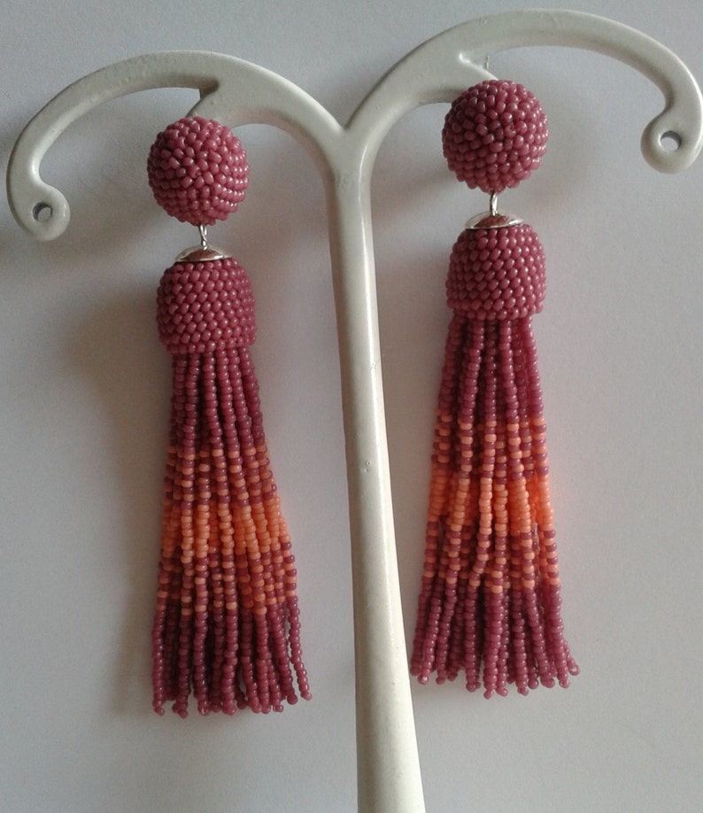 Beaded Tassel Earrings Mauve & Salmon - Etsy