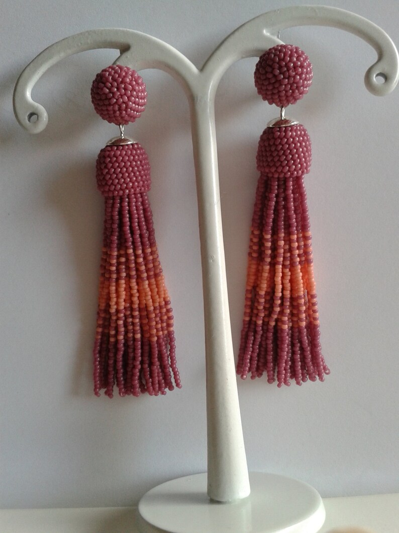 Beaded Tassel Earrings Mauve & Salmon - Etsy