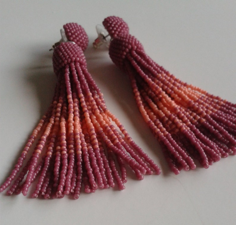 Beaded Tassel Earrings Mauve & Salmon - Etsy