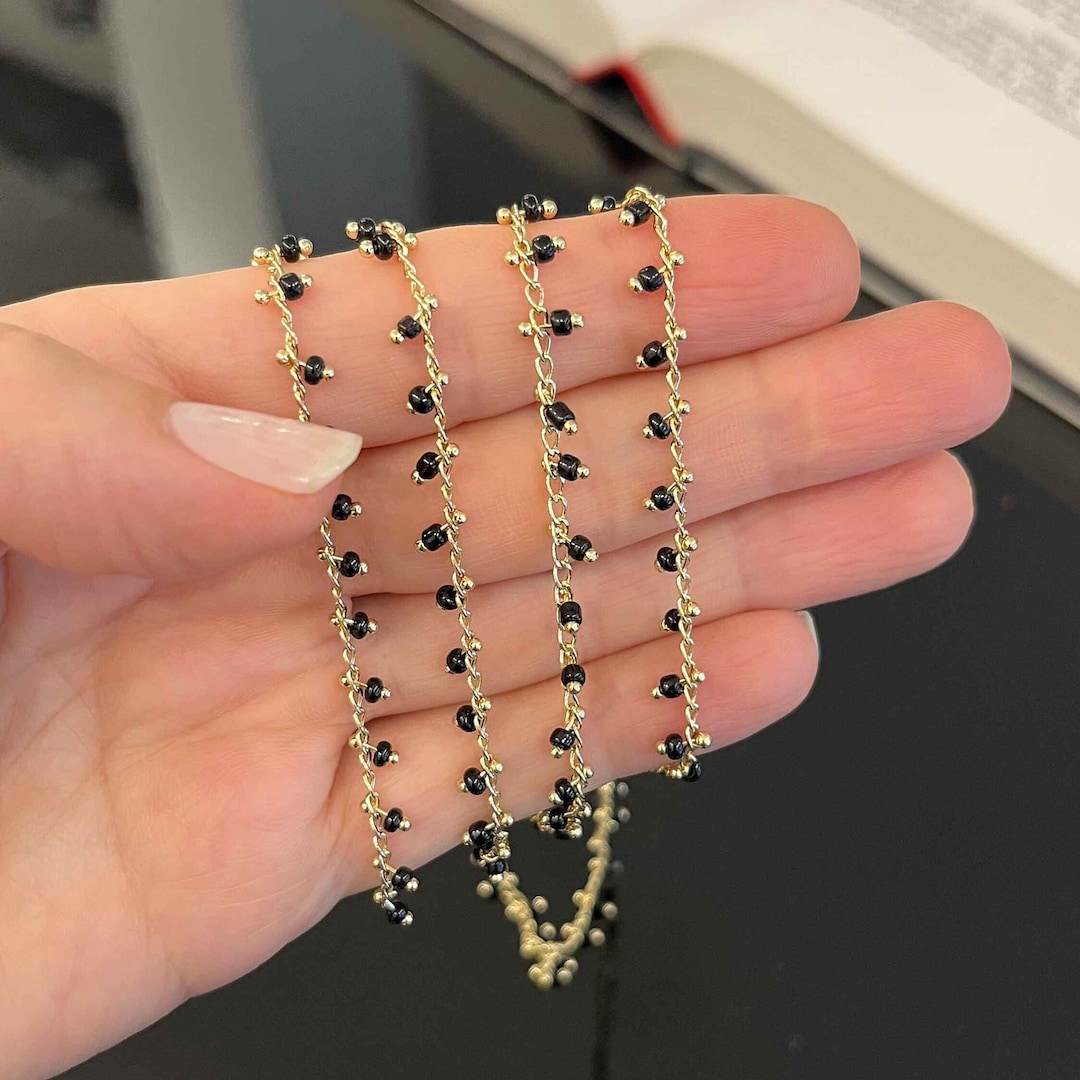 Beaded Curb Chain Black Bead Chain 18k Gold Filled, Chain for Jewelry ...