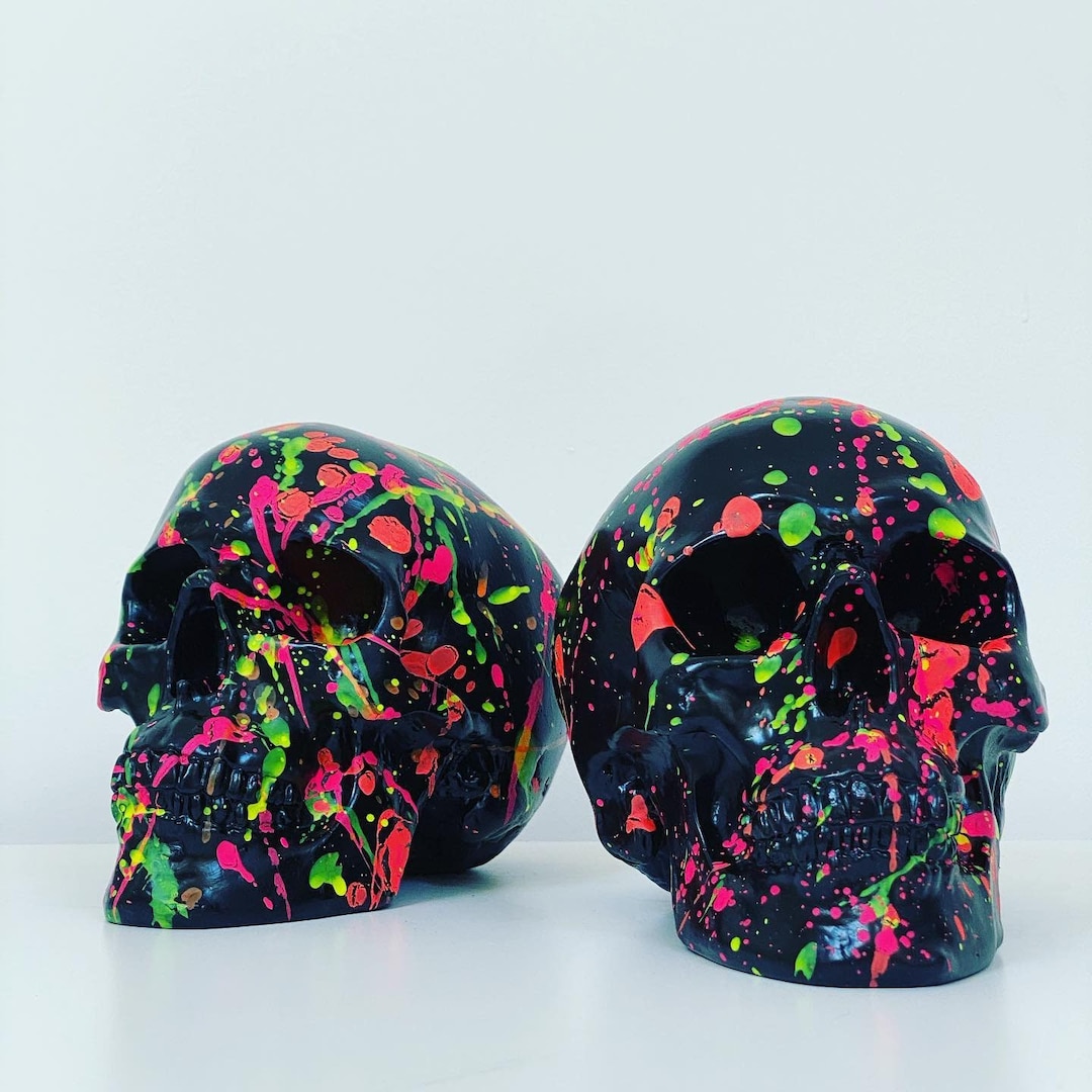Black and Neon Splatter Skull // Skull Decor // Handmade by Haus of ...