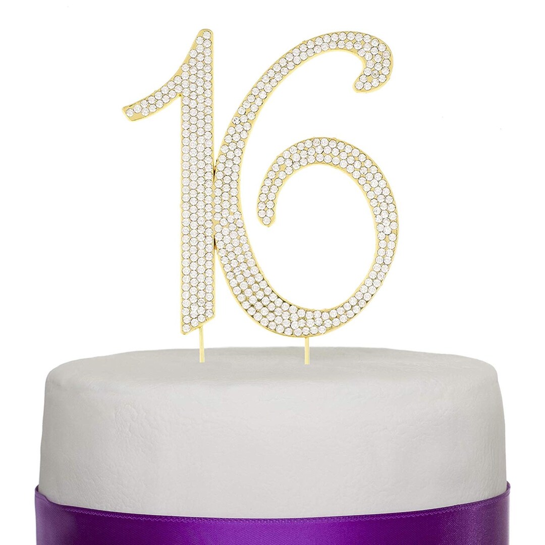 Sweet 16 Gold Cake Topper, Sixteen 16th Birthday Decoration, Diamante ...