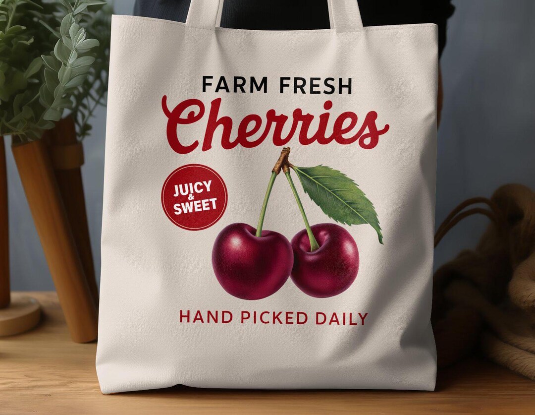 Cherry Tote Bag Fruit Bag Hand Picked Daily Reusable Grocery Bag ...