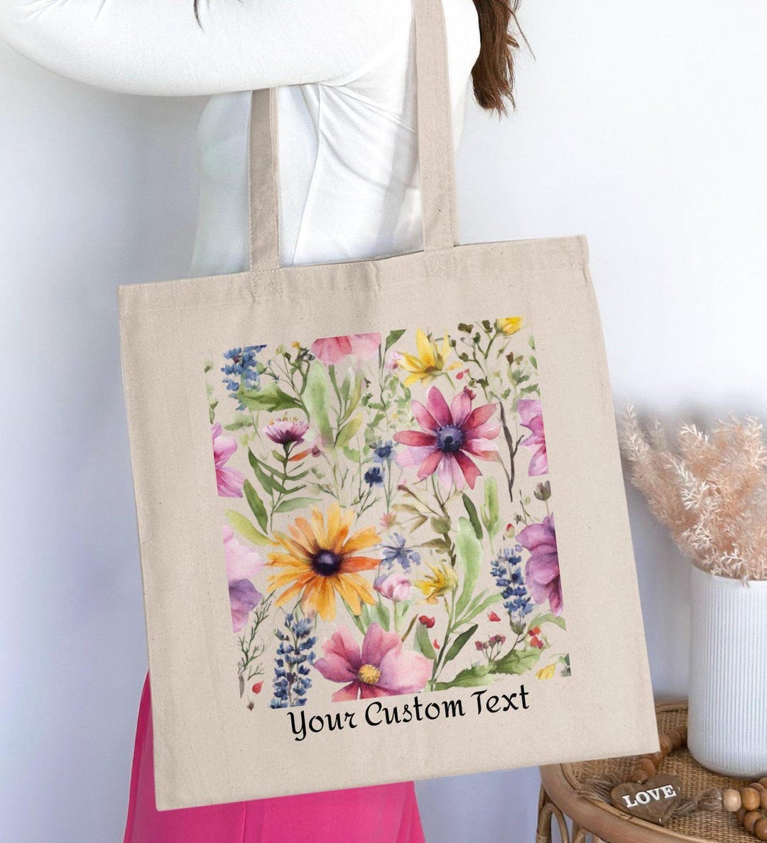 Flower Tote Bag, Custom Watercolor Style, Printed on Both Sides, Cotton ...
