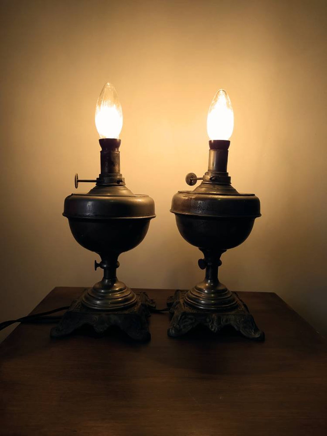 Pair of Antique Metal Oil Lamps Turned Into Table Lamps or Bedside ...