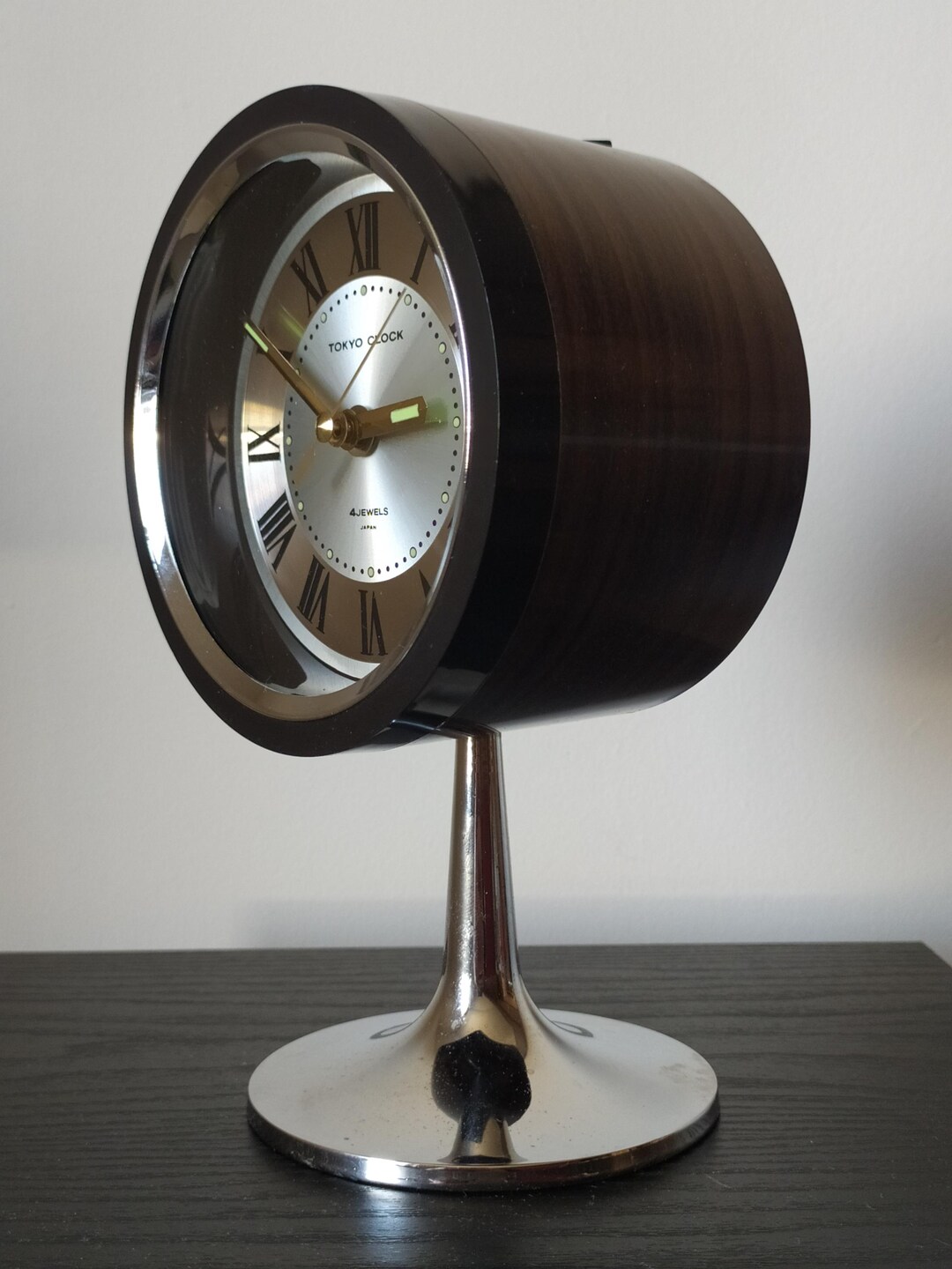 Vintage 60s TOKYO CLOCK Chrome Pedestal, Wooden Finish, MCM Alarm Clock ...