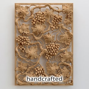 Wall Moulding Carved Wood Panel, Wooden Grapes, Rectangular Grape Vine ...