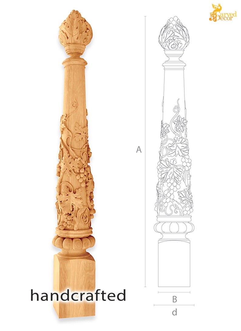 Oak Round Newel Post Grapes Staircase Grapevine Decorative - Etsy
