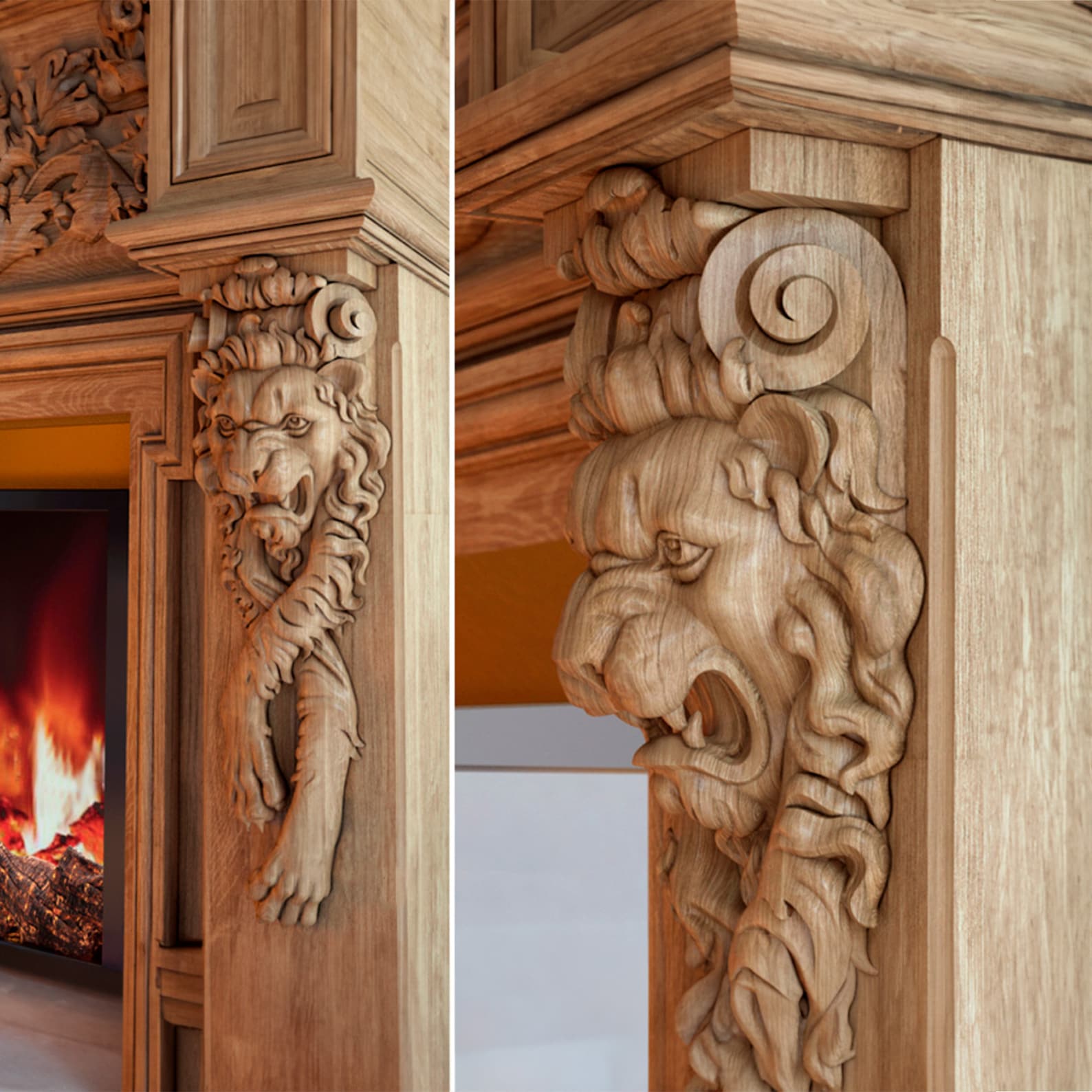 Lion Corbels (2 Pc.) Carved From Natural Solid Oak, Lion Wood Brackets ...