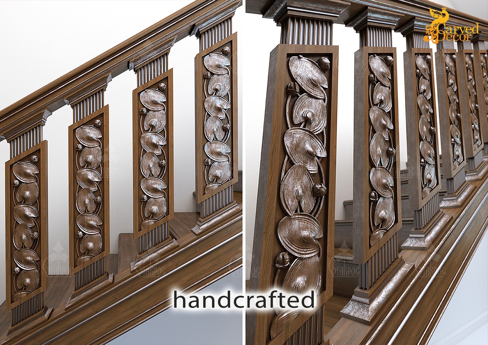 Hand Carved Staircase Railing Wide Wood Baluster - Etsy