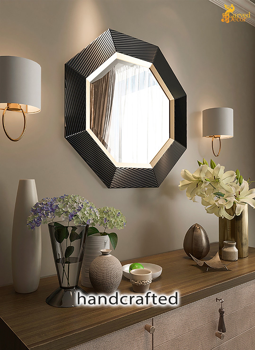 Carved Art Deco Mirror Frame Modern Polygonal Grooved Mirror - Etsy