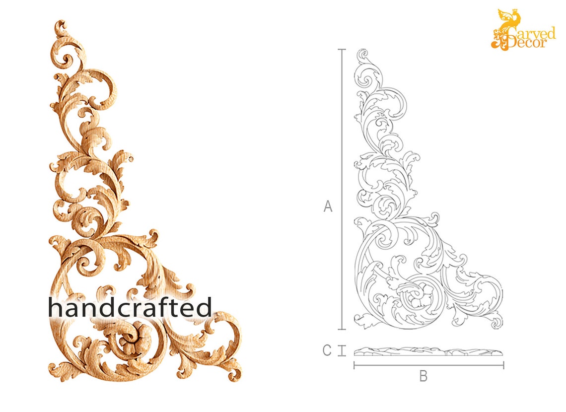 Large wood carved corner applique Decorative furniture onlay | Etsy