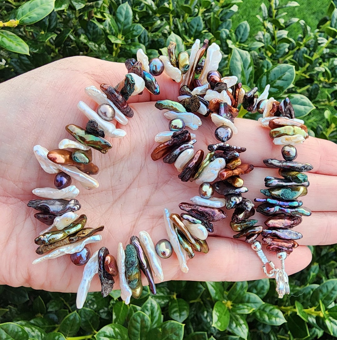 Freshwater Biwa Stick Pearls Choker Necklace Sterling Silver, Peacock ...