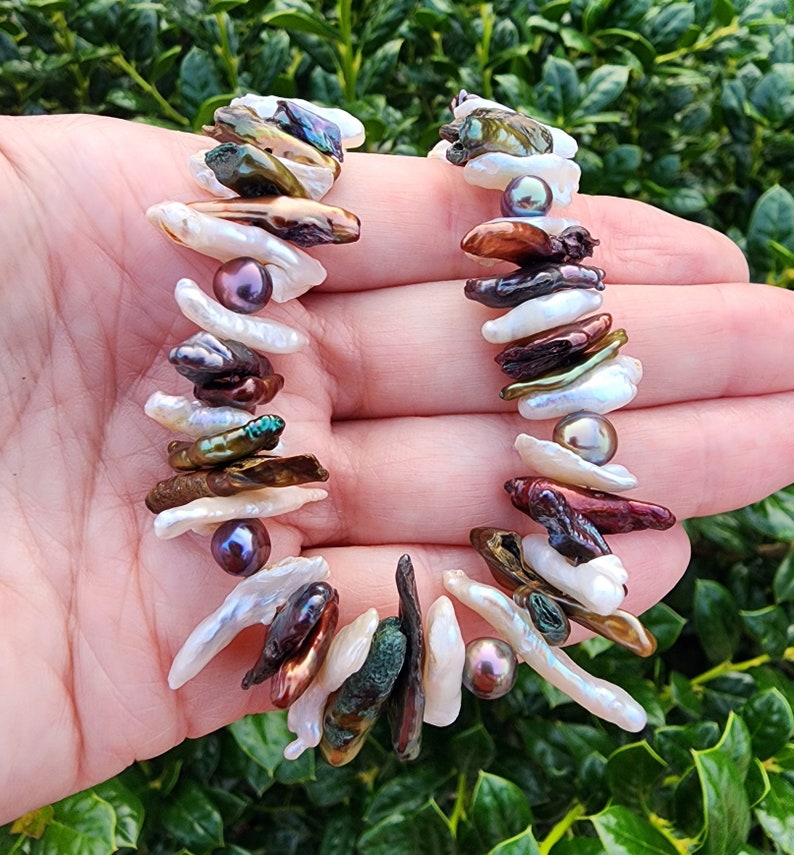 Freshwater Biwa Stick Pearls Choker Necklace Sterling Silver, Peacock ...
