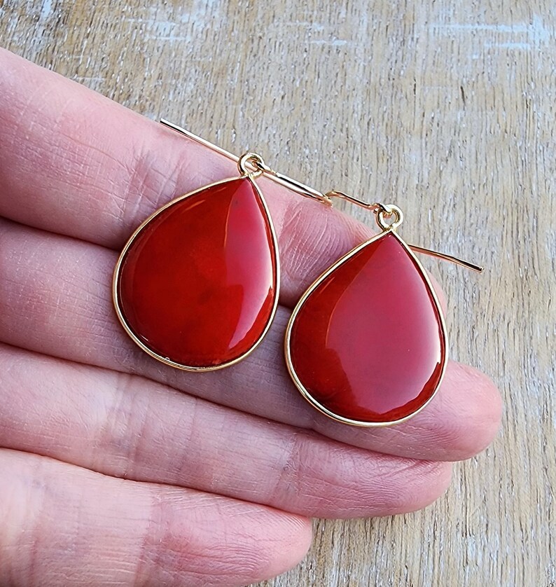 Red Coral Earrings Gold, Red Teardrop Earrings, Indonesian Red Coral ...
