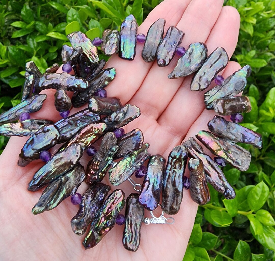 Freshwater Peacock Biwa Pearls Necklace Sterling Silver, Amethyst ...