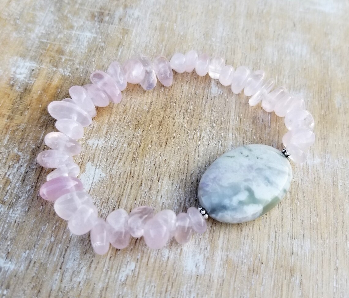 Light Pink Rose Quartz Pebble Chip Bracelet, Oval Agate Bracelet, Rose ...