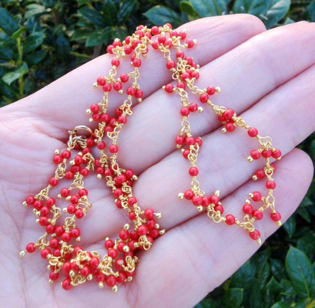 Red Coral Choker Necklace Gold, Bright Red Necklace, Holiday Necklace ...