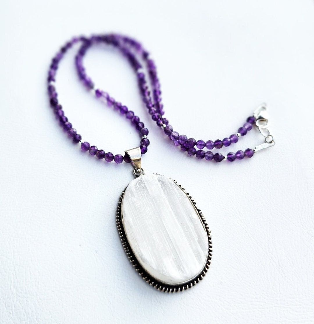 Large Selenite Gemstone Pendant Necklace, Amethyst Gemstone Necklace ...