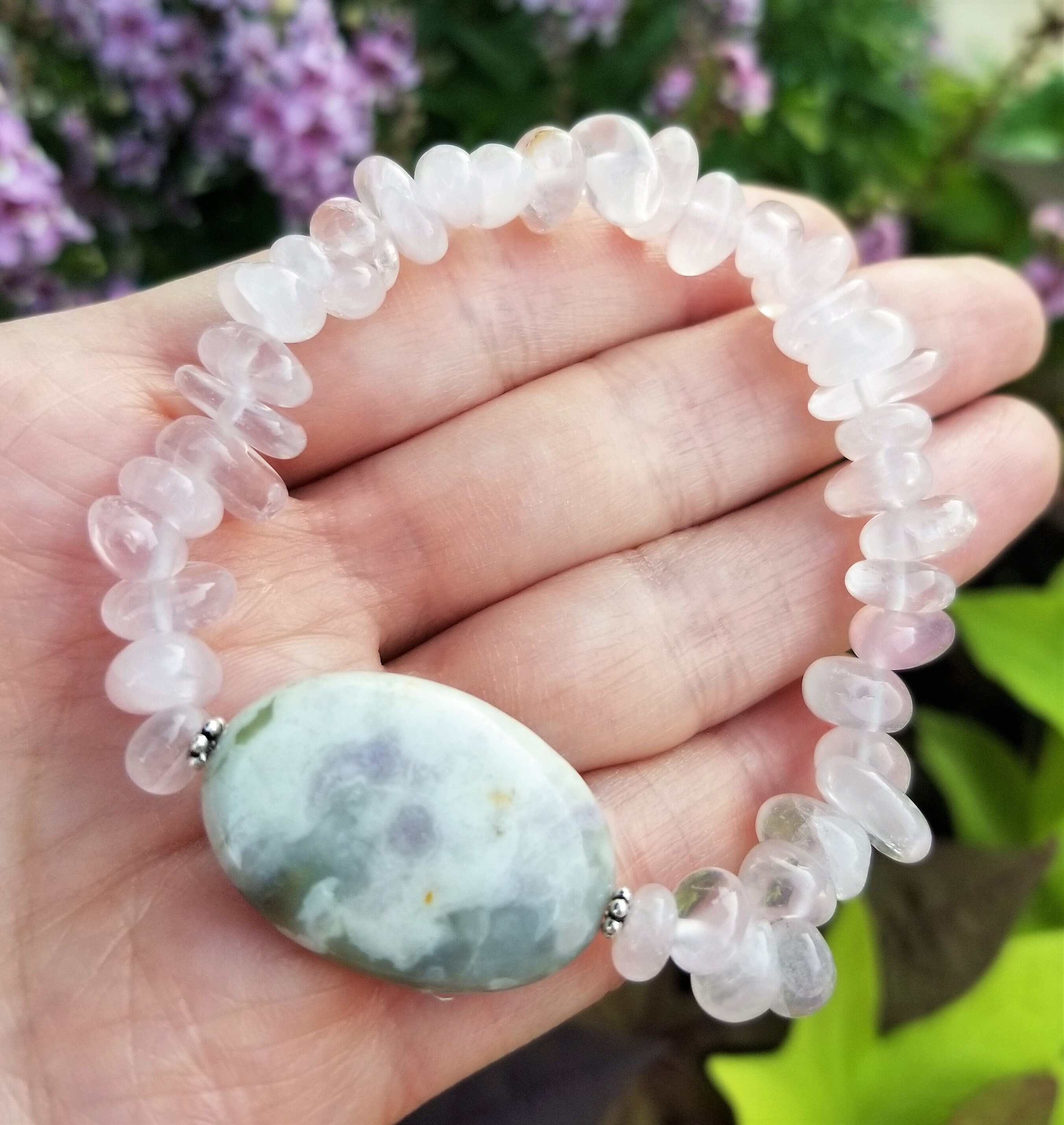 Light Pink Rose Quartz Pebble Chip Bracelet, Oval Agate Bracelet, Rose ...