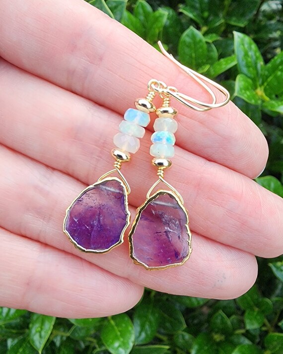 Amethyst Gemstone Earrings Gold Amethyst and Opal Gemstone Dangle Earrings Stacked Earrings February Birthstone October Birthstone Etsy