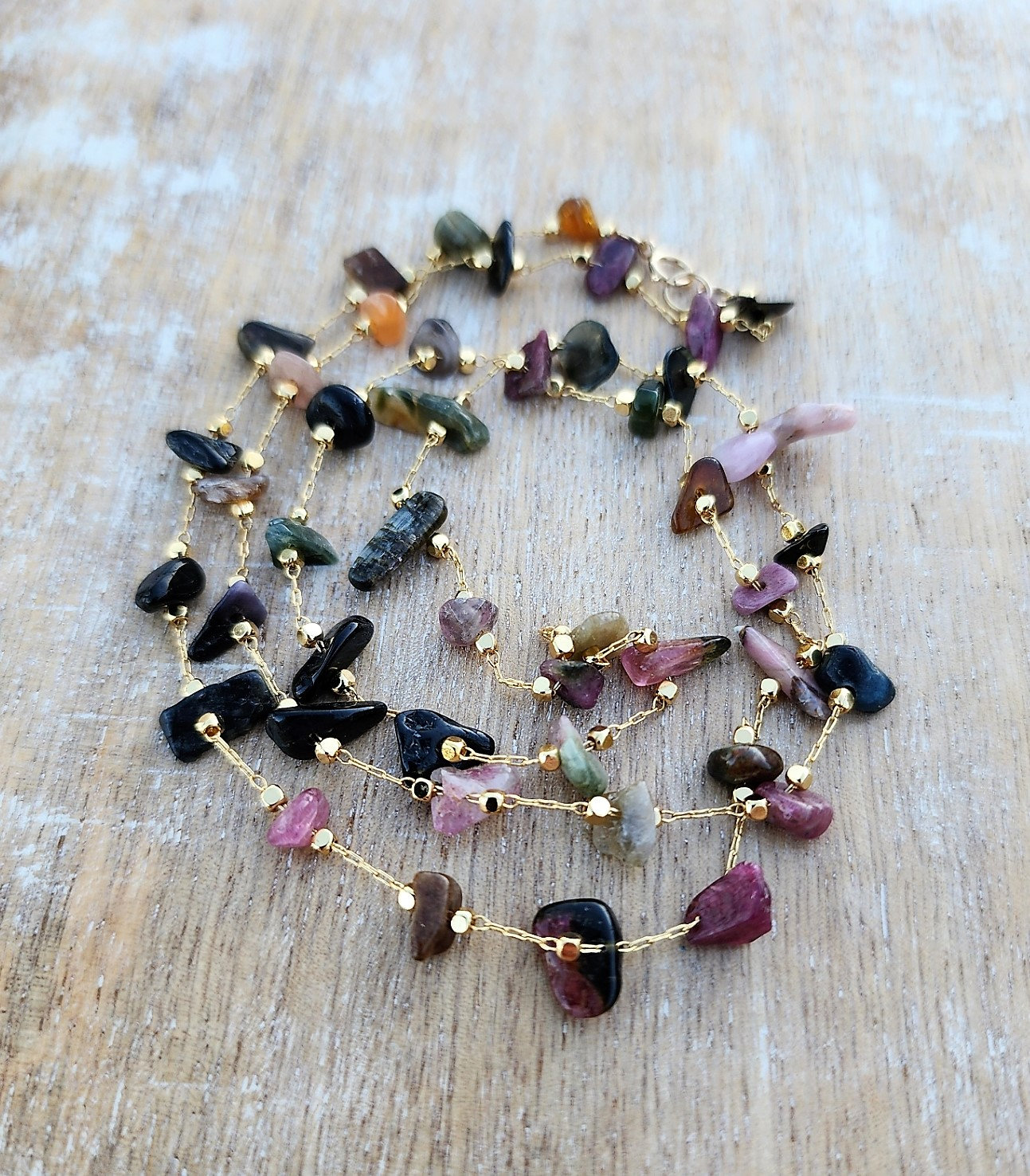 Tourmaline Beaded Necklace Gold, Gemstone Chip Nugget Necklace ...