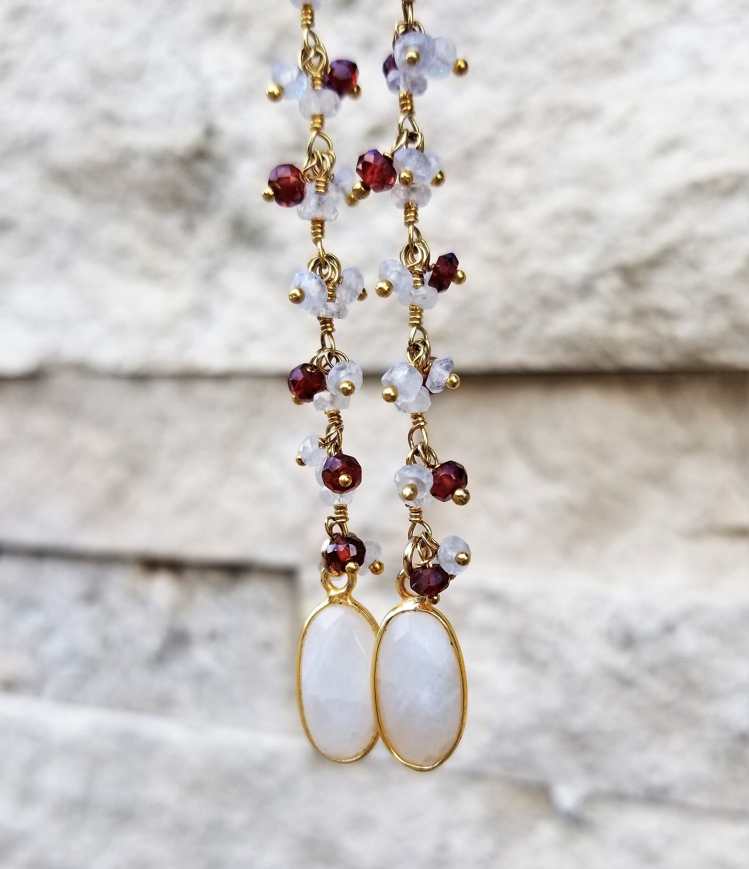 Moonstone and Garnet Long Earrings, Rainbow Moonstone Dangle Earrings ...