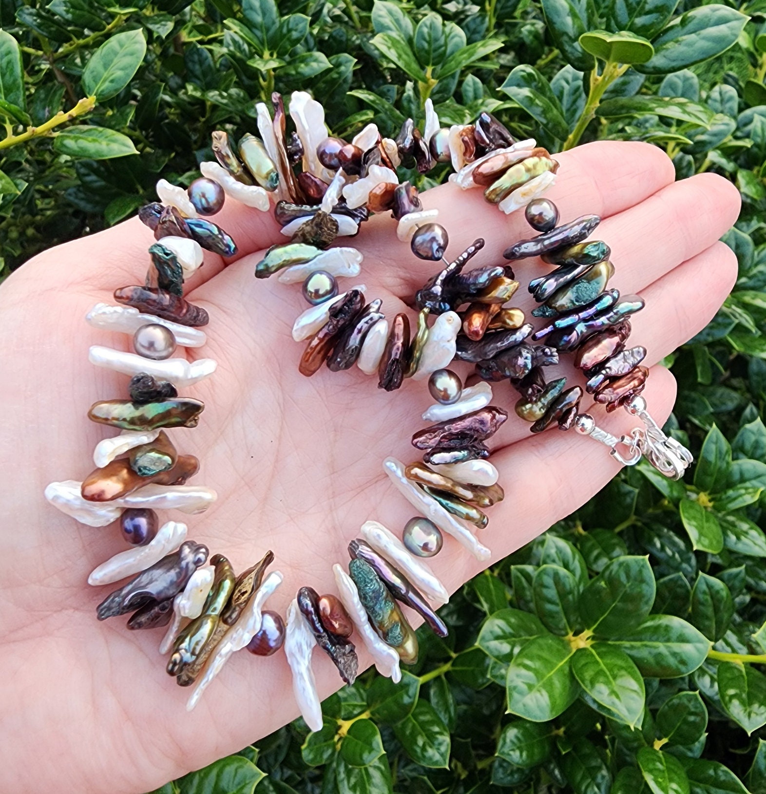 Freshwater Biwa Stick Pearls Choker Necklace Sterling Silver, Peacock ...