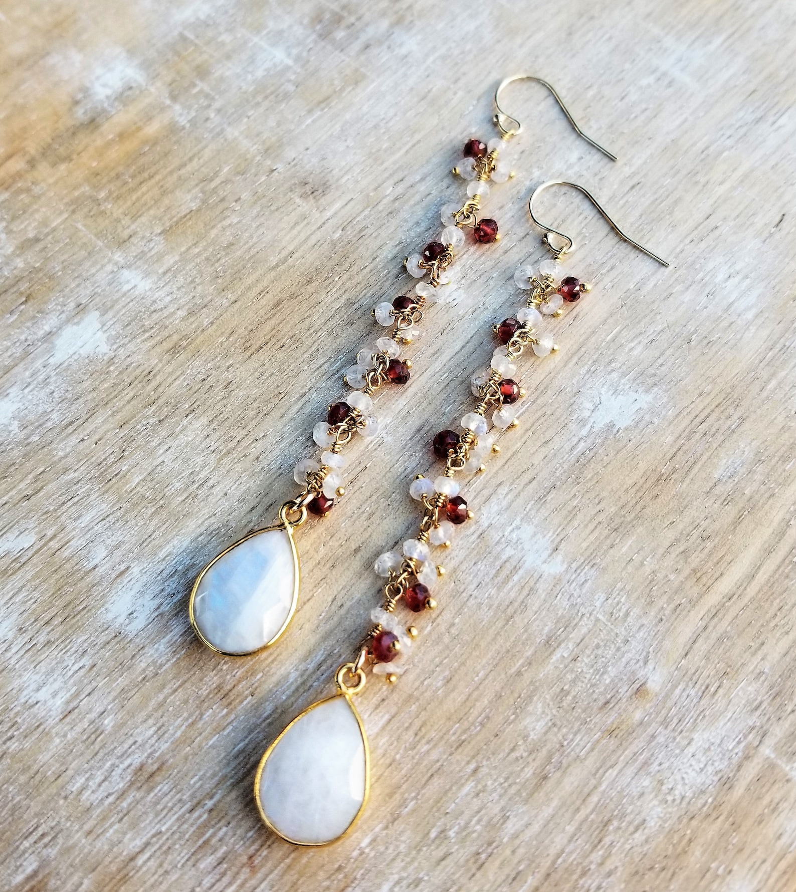 Moonstone and Garnet Long Earrings, Rainbow Moonstone Dangle Earrings ...