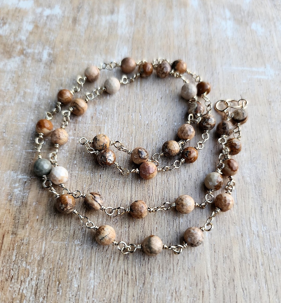 Picture Jasper Gemstone Necklace Gold, Brown Beige Stone Necklace, 8mm ...