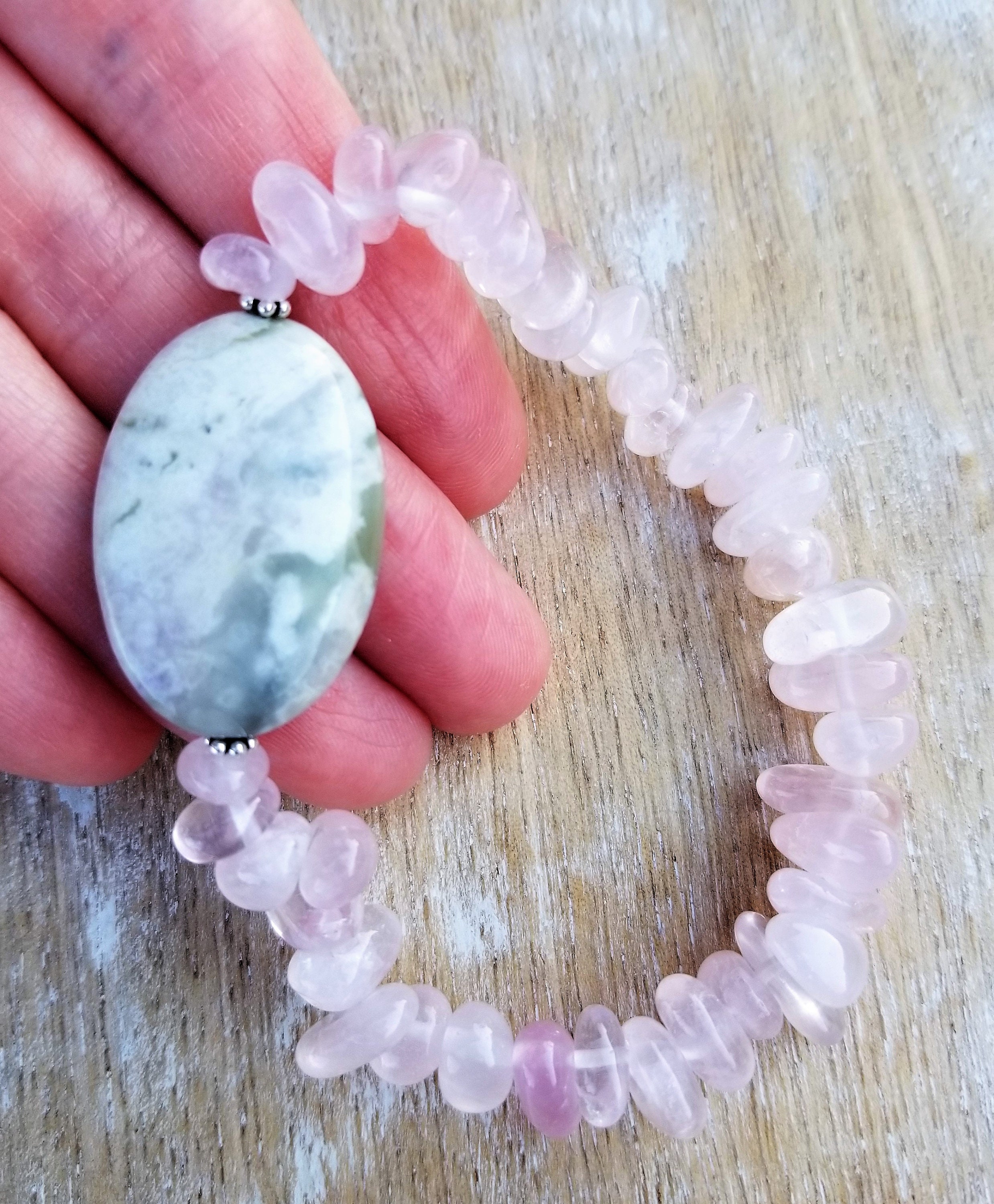 Light Pink Rose Quartz Pebble Chip Bracelet, Oval Agate Bracelet, Rose ...