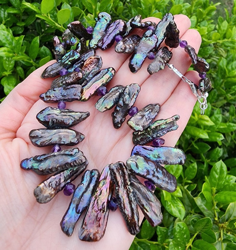 Freshwater Peacock Biwa Pearls Necklace Sterling Silver, Amethyst ...
