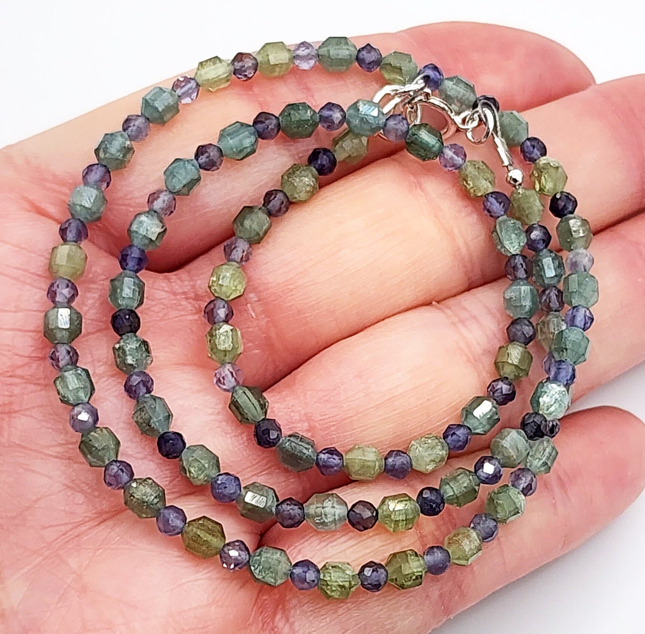 Green Apatite and Iolite Gemstone Necklace Sterling Silver, Tiny Green ...