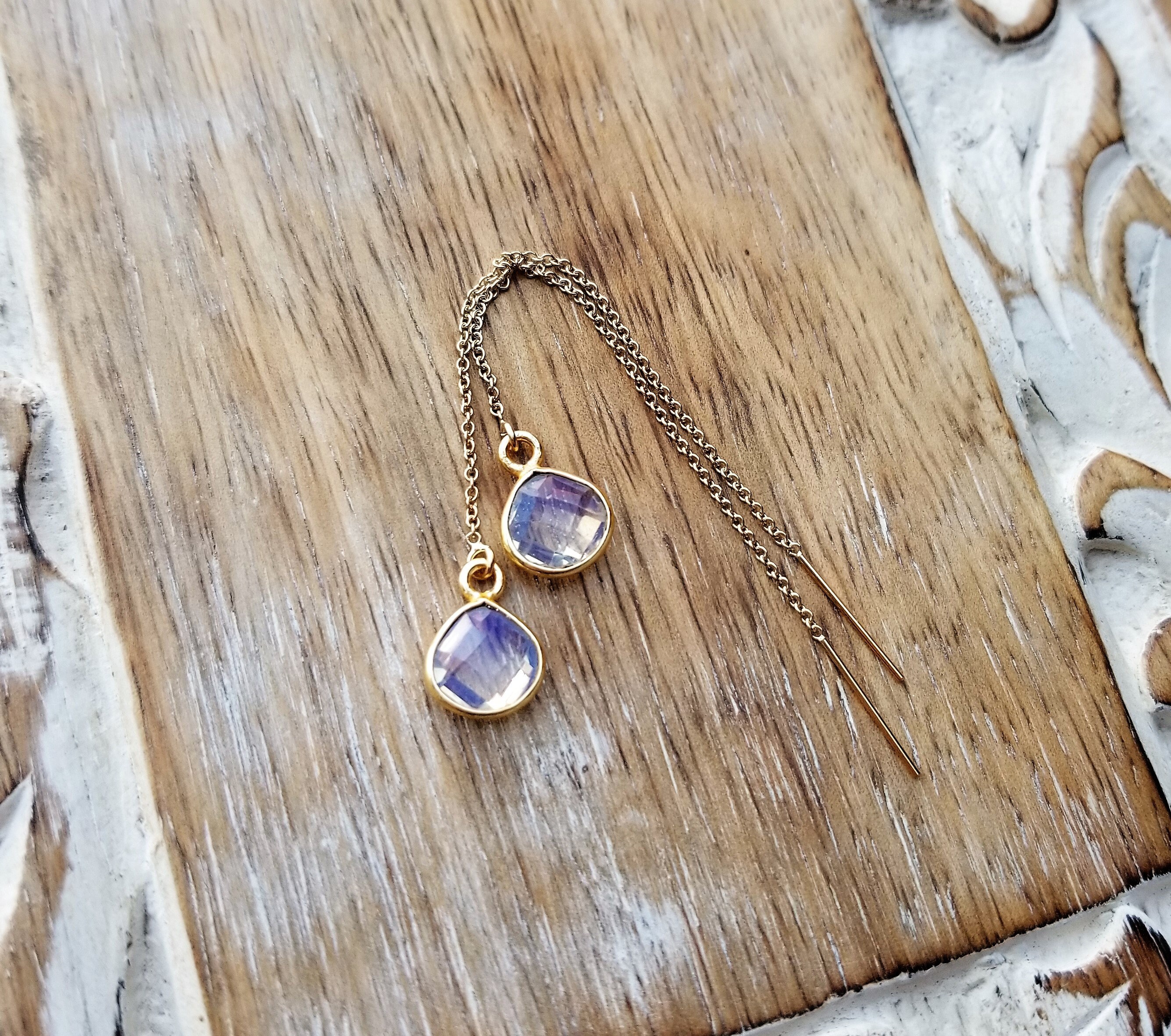 Clear Faceted Hydroquartz Threader Earrings, Teardrop Quartz Ear ...