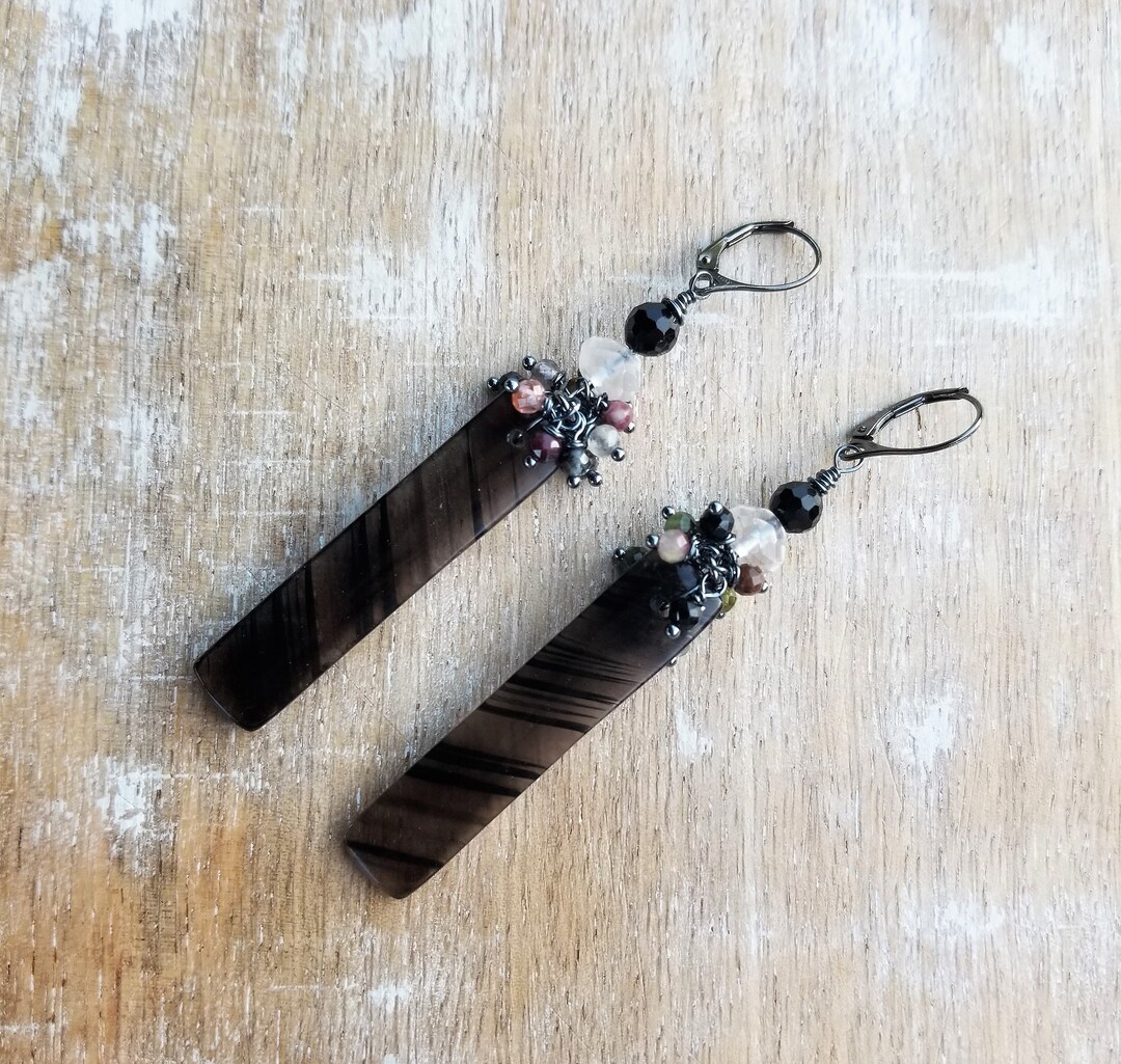 Midnight Lace Obsidian Earrings, Long Rectangle Gemstone Earrings ...