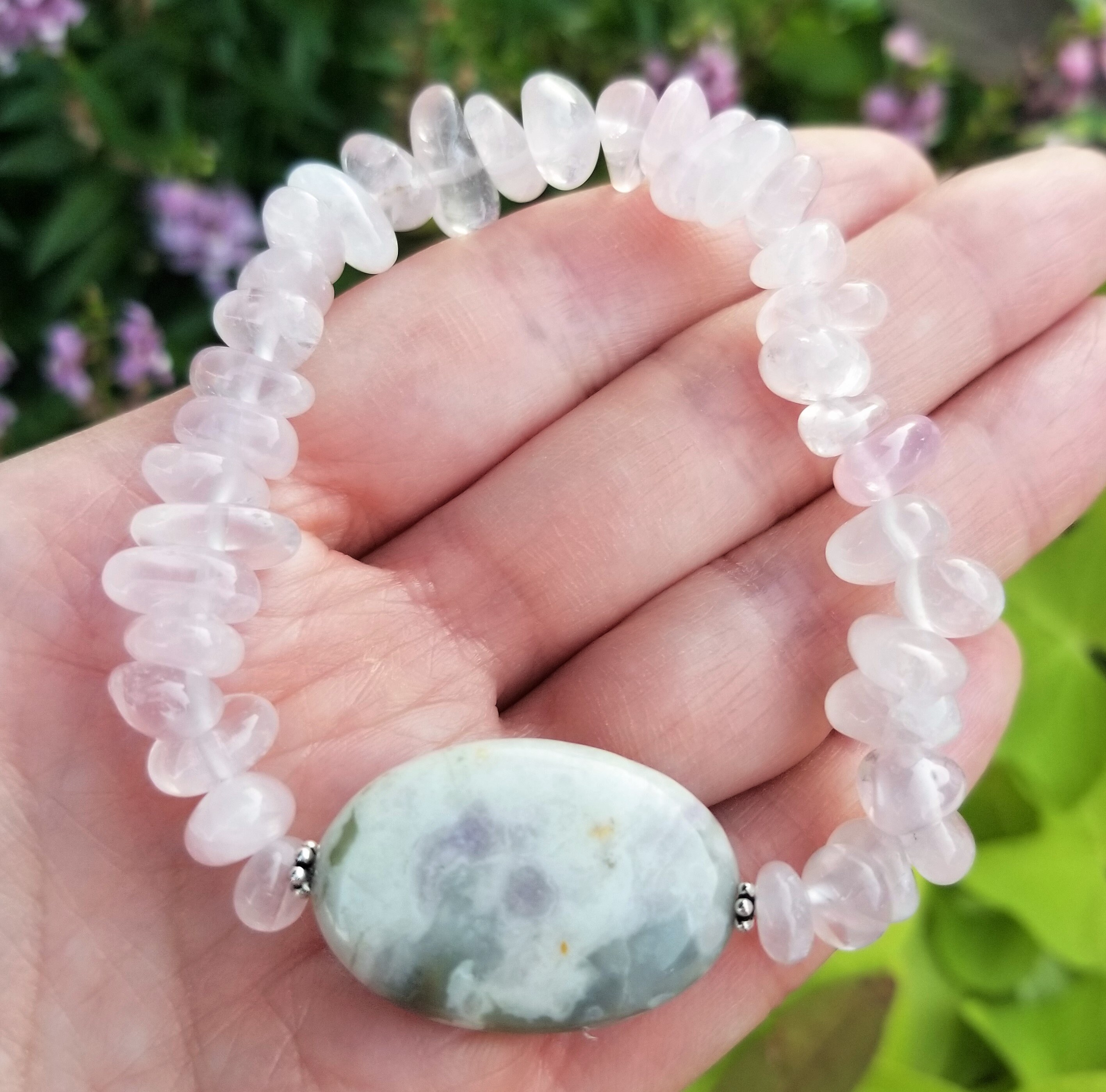 Light Pink Rose Quartz Pebble Chip Bracelet, Oval Agate Bracelet, Rose ...