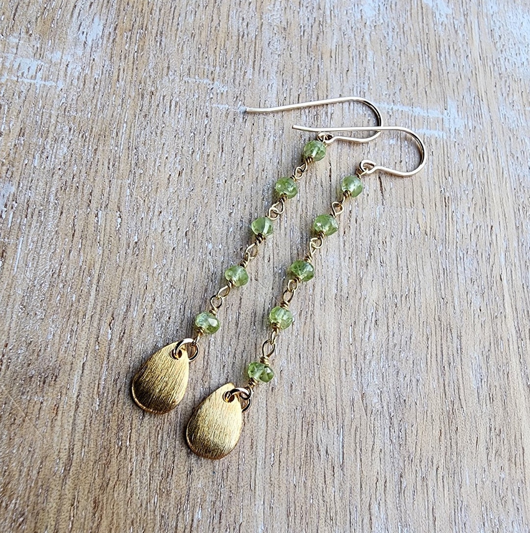 Long Peridot Gemstone Earrings Gold, Brushed Gold Teardrop Earrings ...