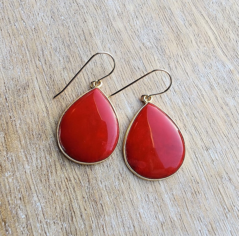 Red Coral Earrings Gold, Red Teardrop Earrings, Indonesian Red Coral ...