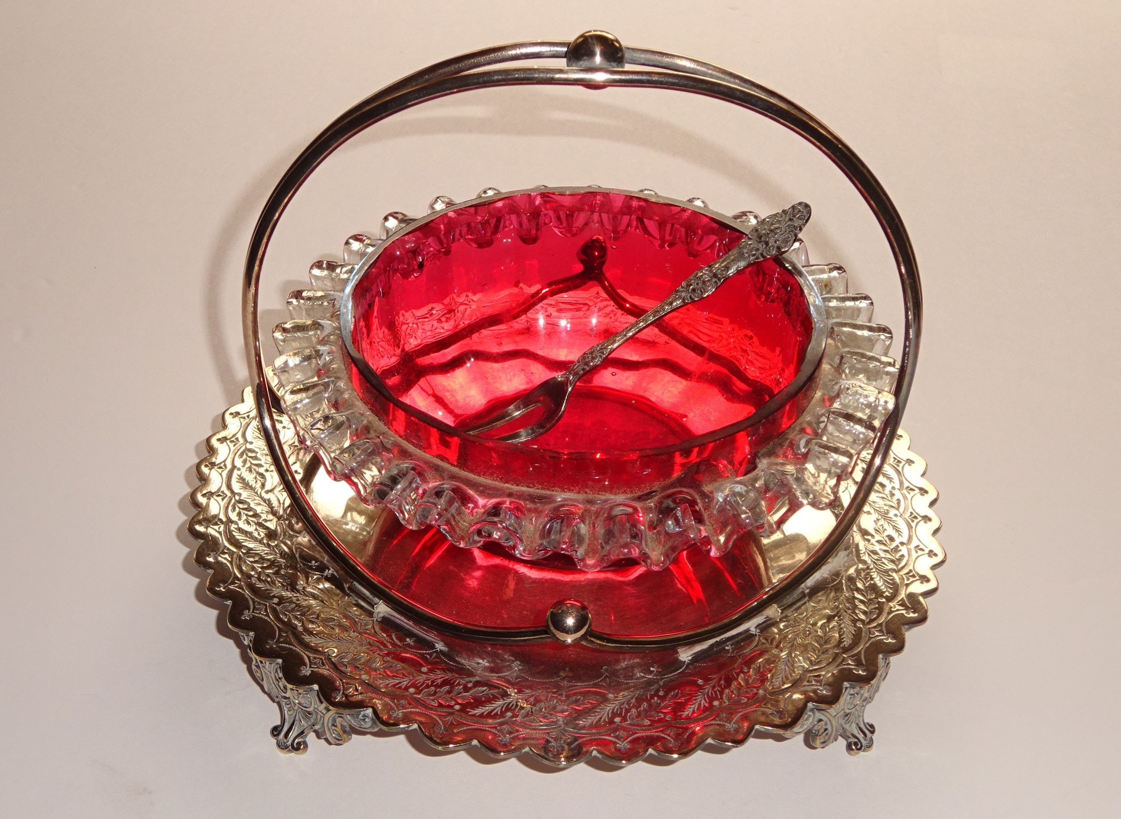 Antique Victorian Era Cranberry Glass Olive Dish on Silverplate Stand W ...