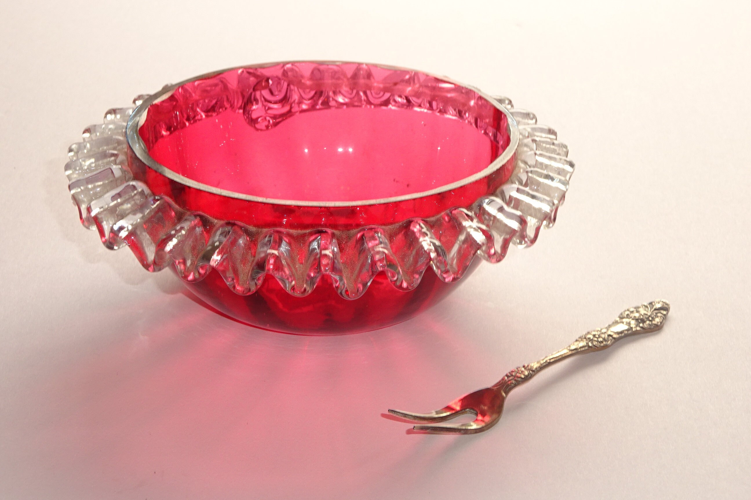 Antique Victorian Era Cranberry Glass Olive Dish on Silverplate Stand W ...