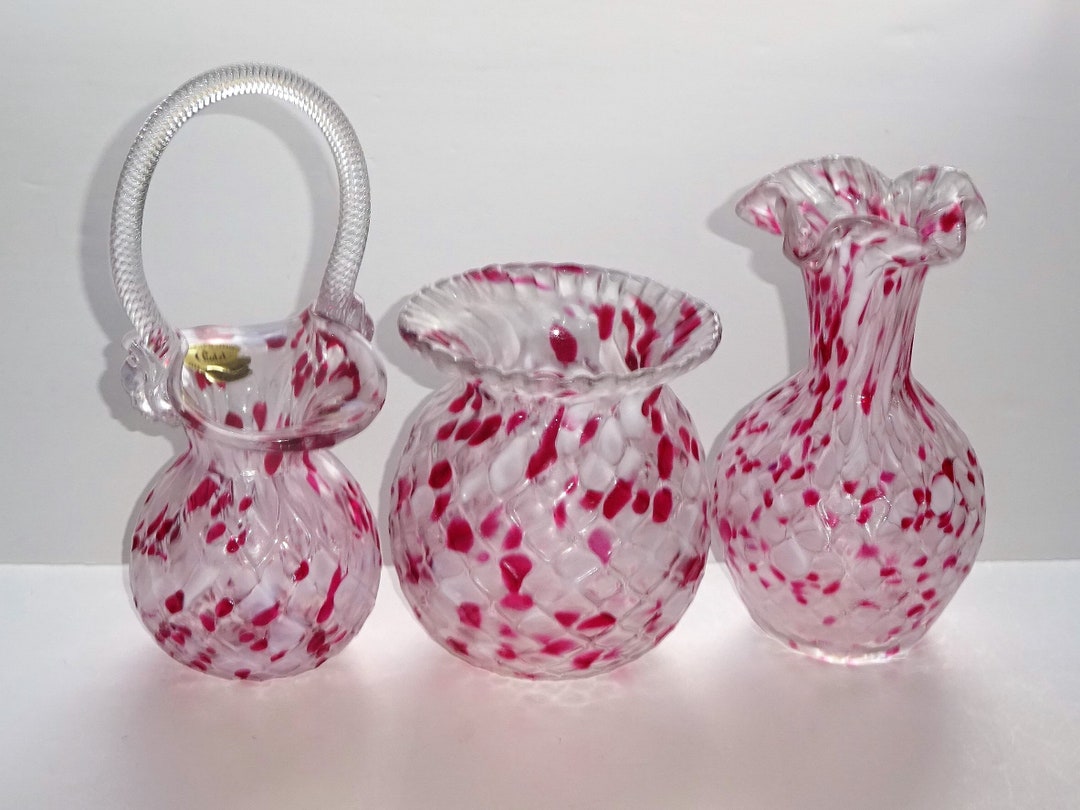 Selection of Hand Blown Vintage Art Glass Cranberry & White Spatter ...